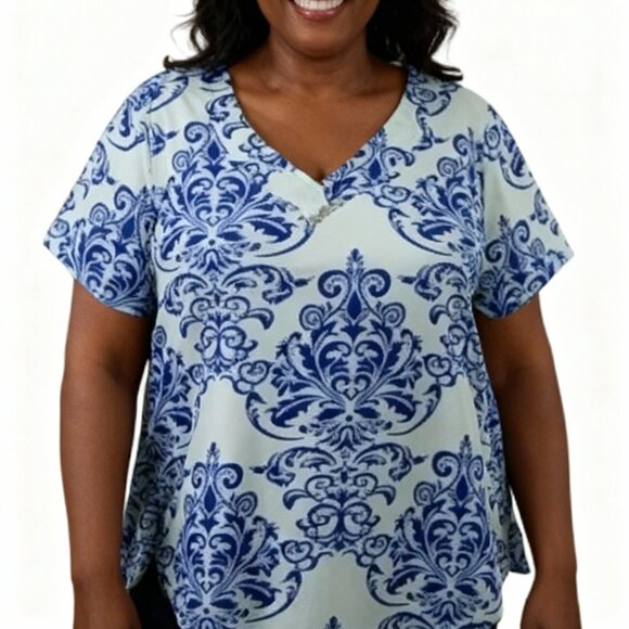 Folunsi | Tops | Folunsi Womens White Blue Pleated French Royal Theme ...